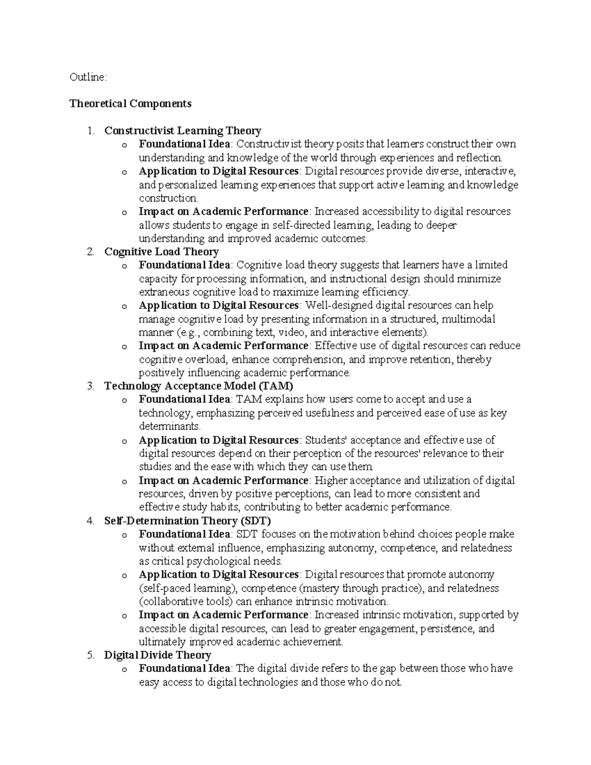 Outline Of Theoretical Framework Outline Theoretical Components 1 Constructivist Learning