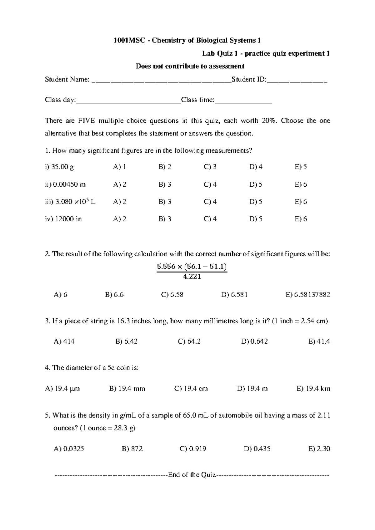 Lab Quiz 1 - practice quiz experiment 1 - Choose the one alternative ...