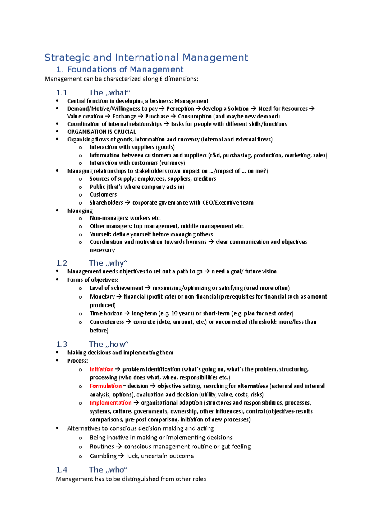Strategic and International Management summary - Strategic and ...
