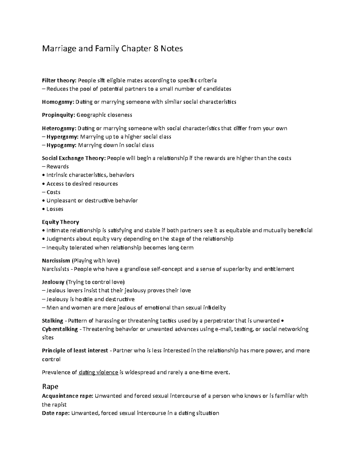 Marriage and Family Chapter 8 Notes - Rape Acquaintance rape: Unwanted ...