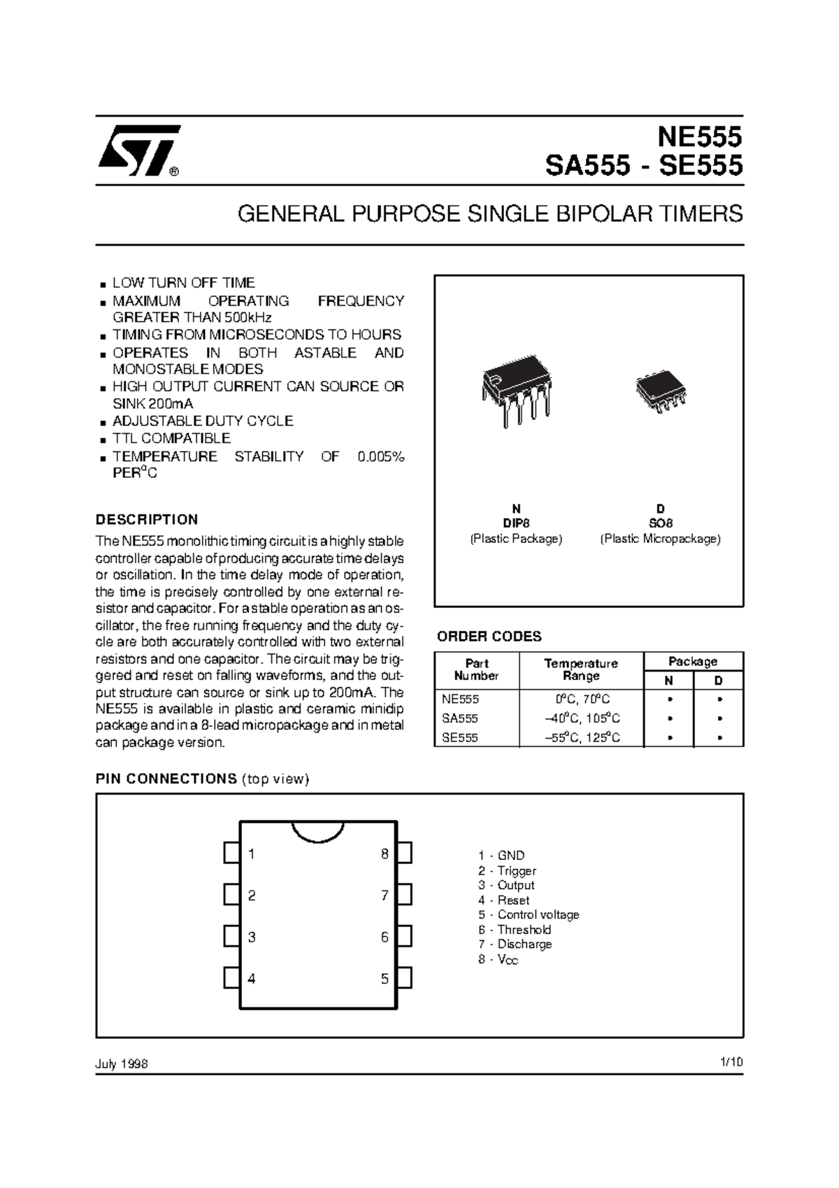 NE555 Datasheet Components - July 1998 ####### ® ####### N ####### DIP ...