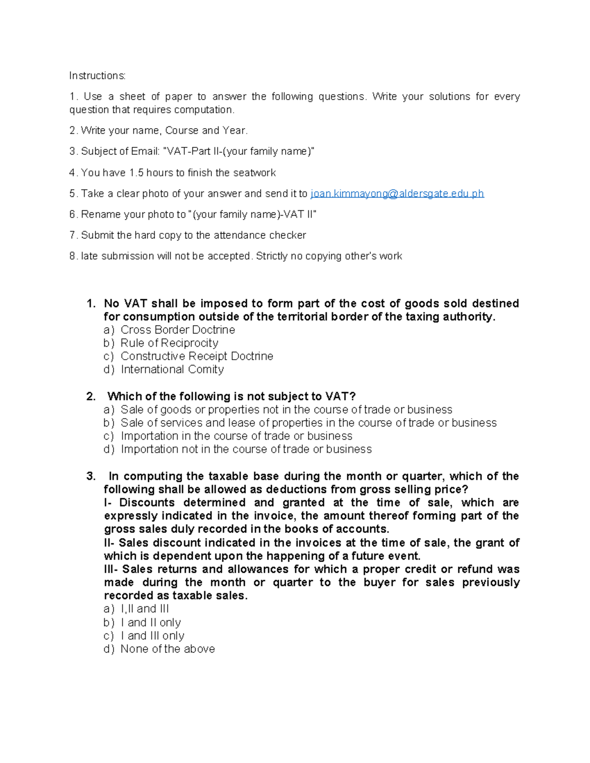 March 15 Seatwork VAT II - Instructions: 1. Use a sheet of paper to ...