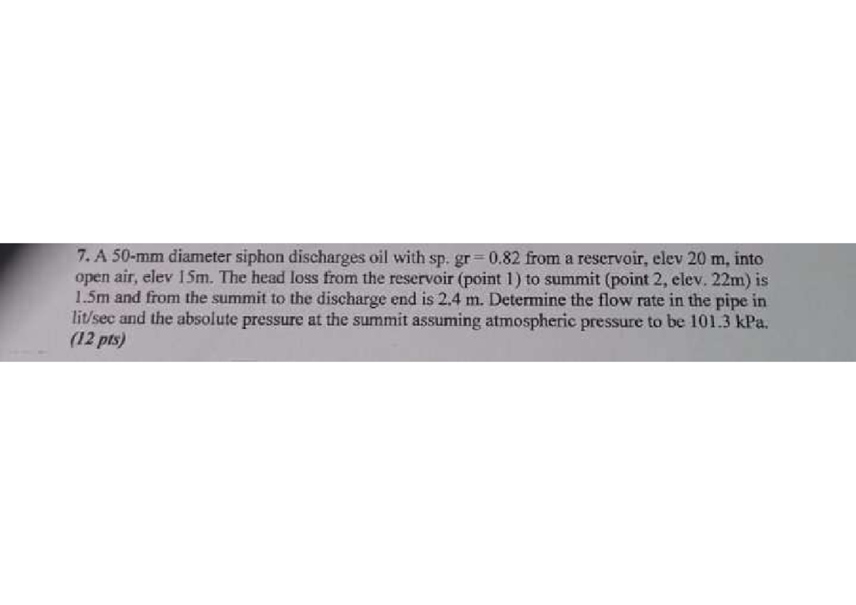 Flow Rate Problem - Hydraulics - 7. A diameter siphon discharges oil ...