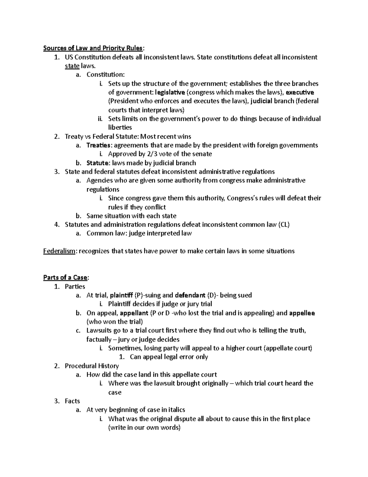 Bmgt380 Notes for Exam 1 - Sources of Law and Priority Rules: 1. US ...