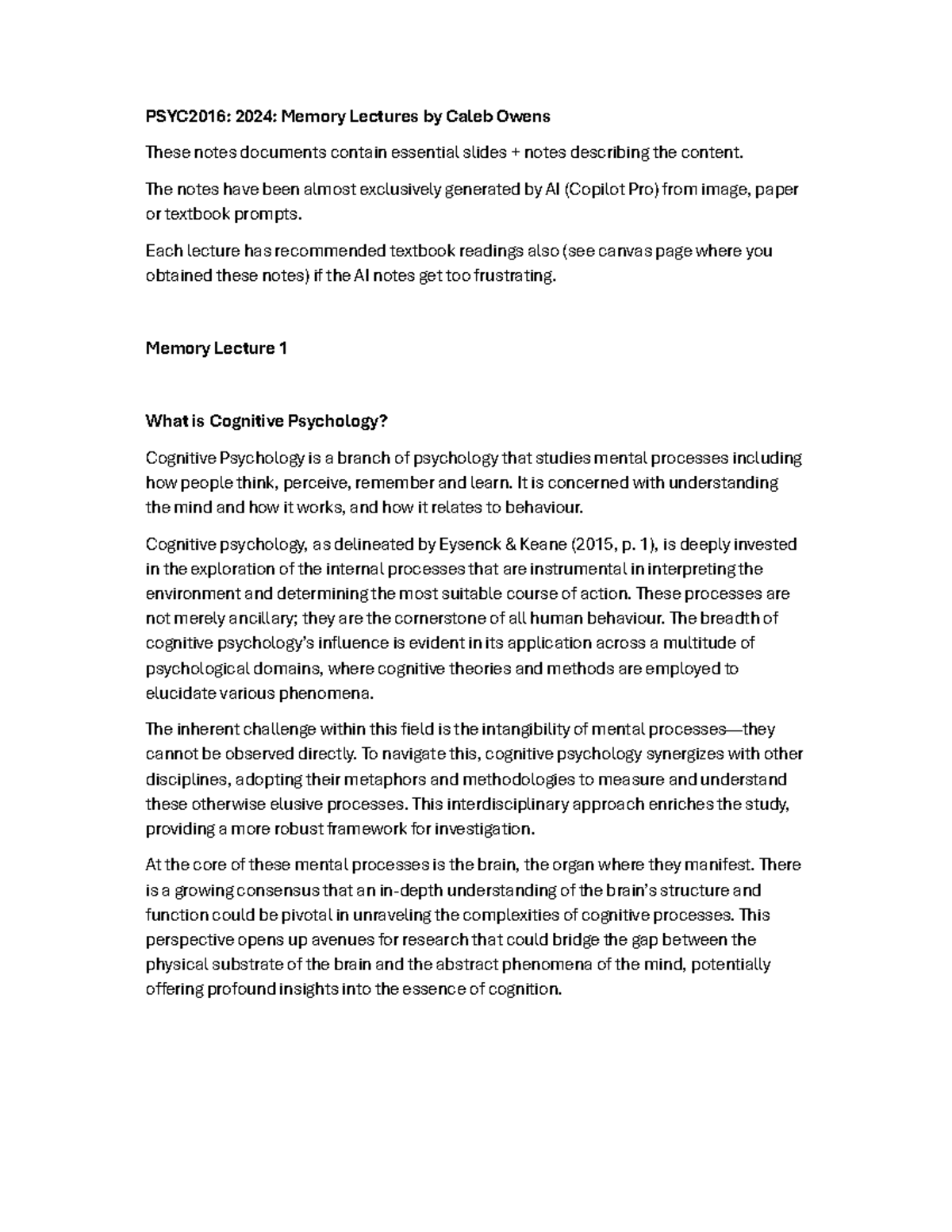 Memory Lecture 1 Notes And Slides Psyc2016 2024 Memory Lectures By Caleb Owens These Notes