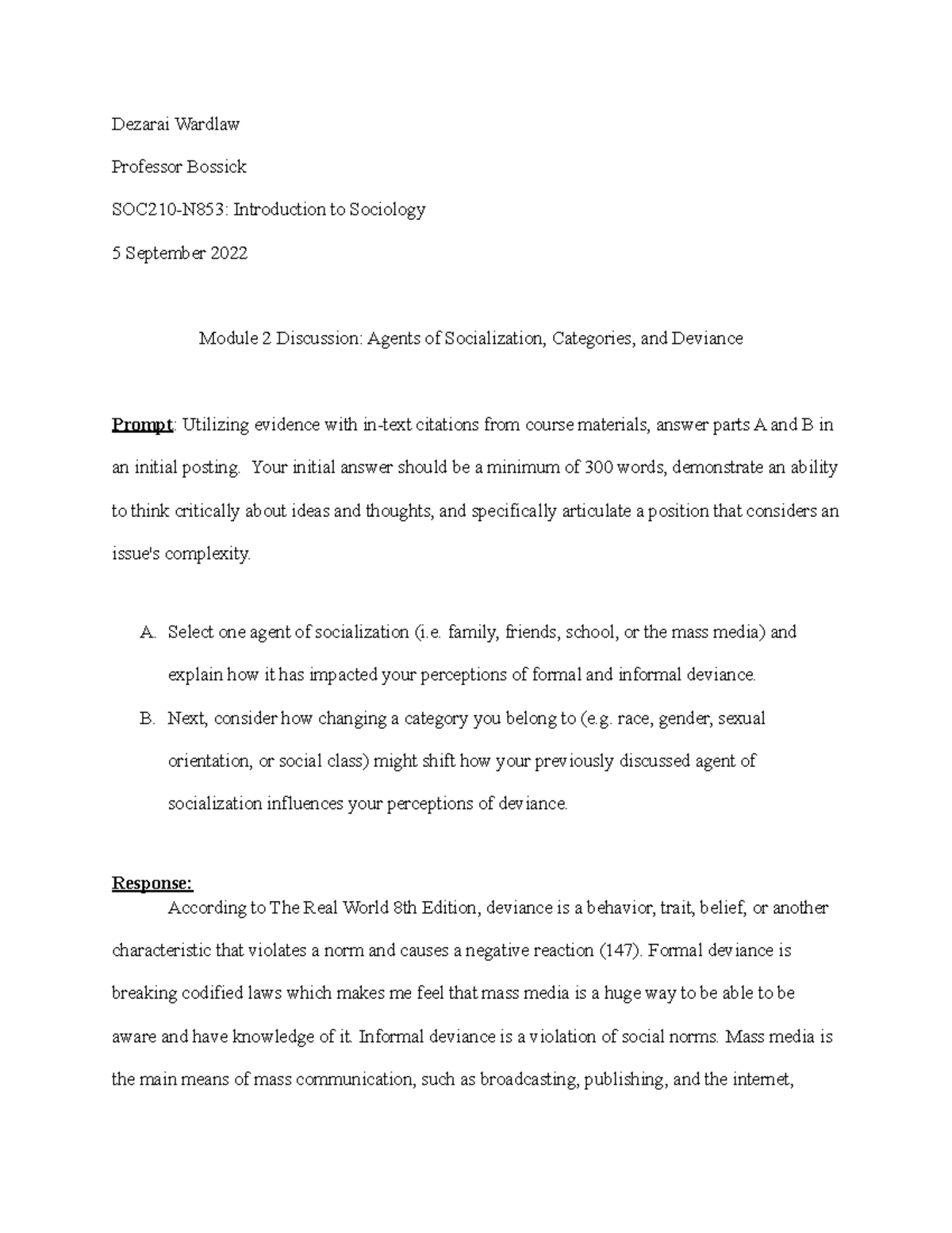 SOC210-N853 Module 2 Discussion - Agents of Socialization, Categories ...