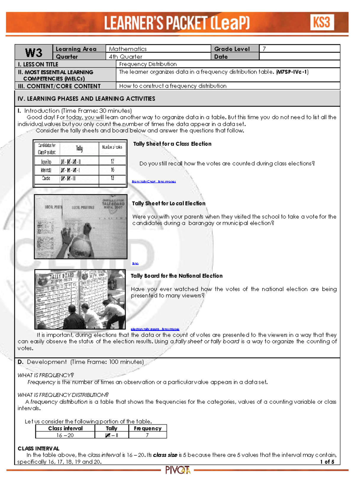 Q4 Math 7 Week 3 - I. LESSON TITLE Frequency Distribution II. MOST ...