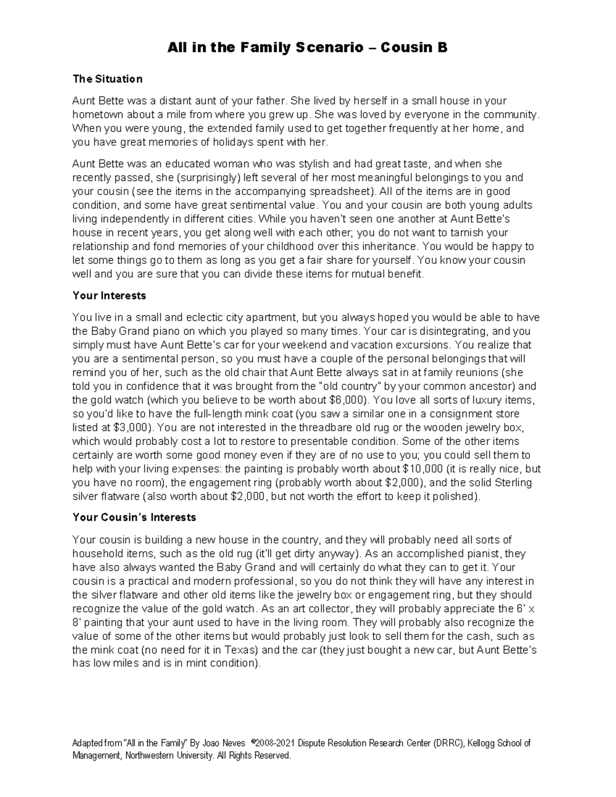 Negotiation Exercise - Cousin A-B Scenarios - All in the Family ...