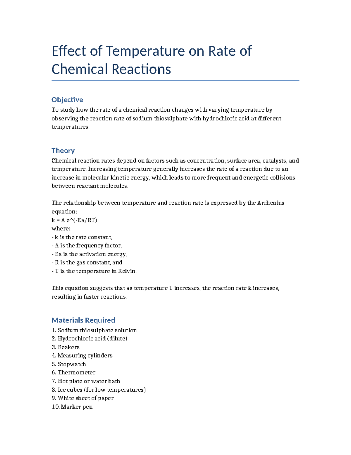 Effect of Temperature on Rate of Chemical Reactions Project - Effect of ...