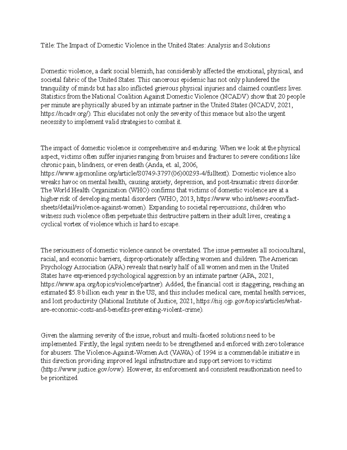 Domestic Violence essay - Title: The Impact of Domestic Violence in the ...