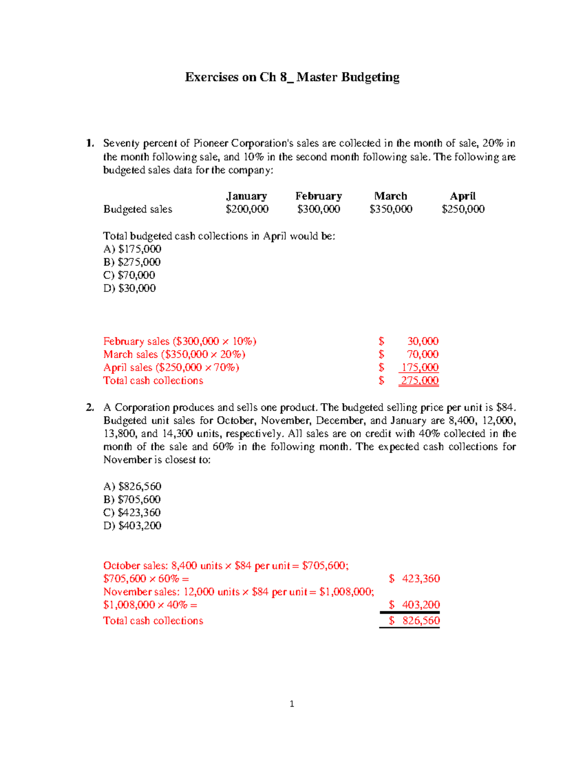Solved Exercises On Ch 8 Master Budgeting A Exercises On Ch 8 Master