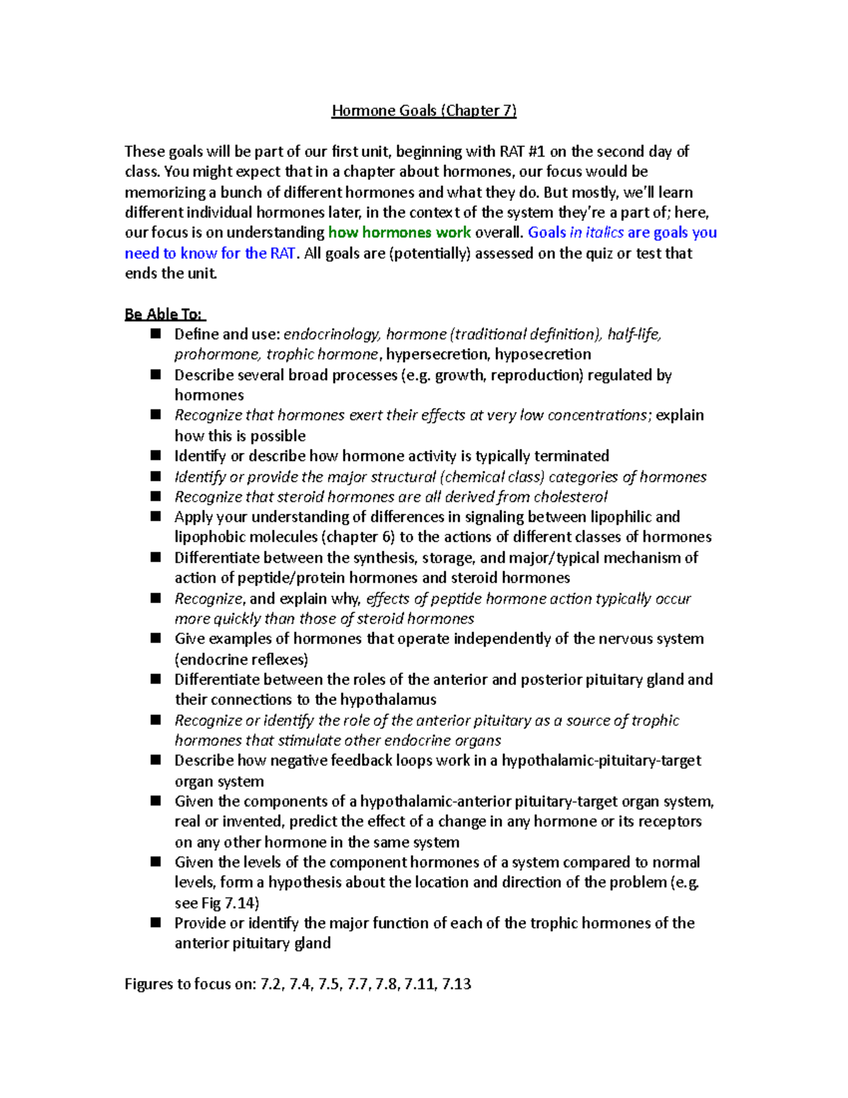 Hormone Goals Summer (Ch 7)(1) - Hormone Goals (Chapter 7) These goals ...