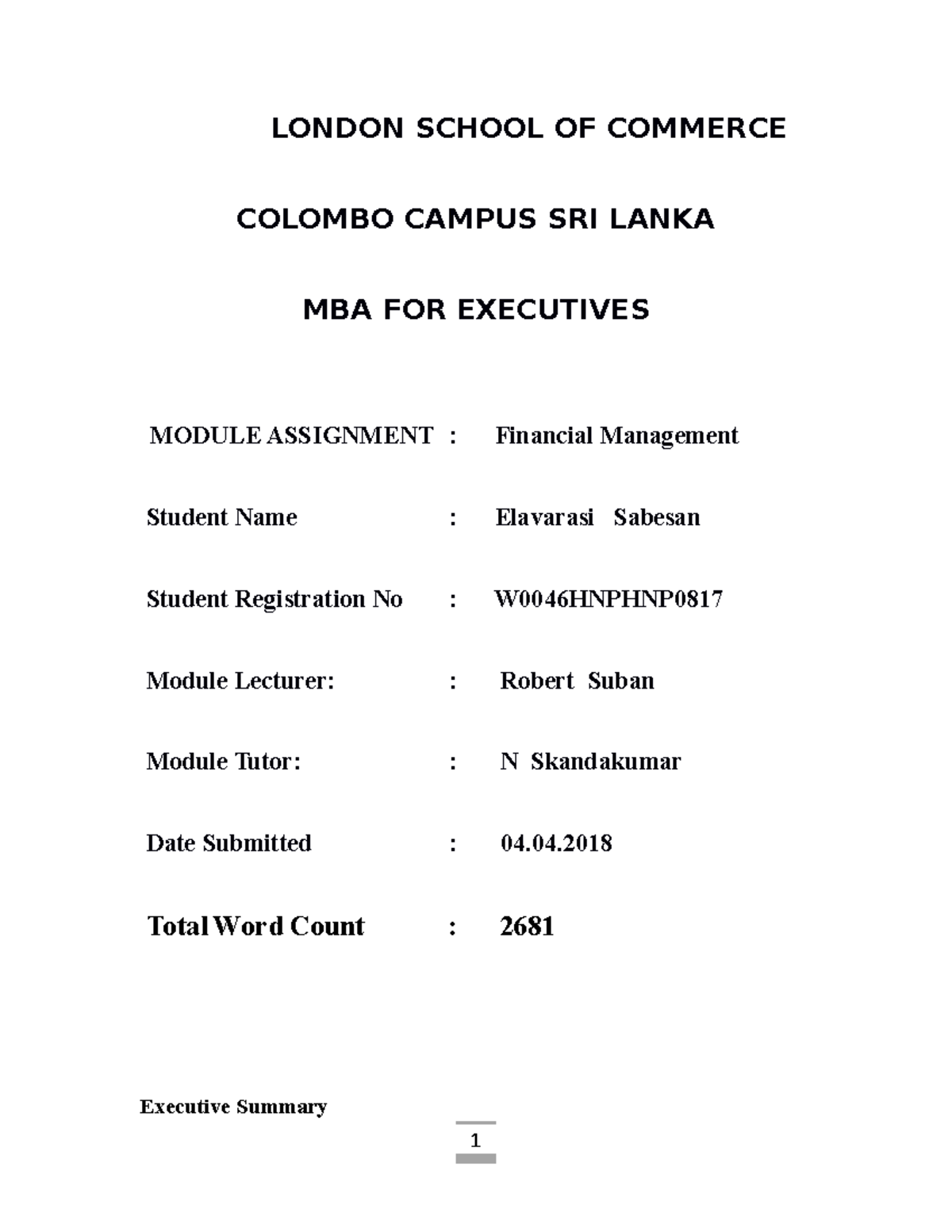 Sabe - Assignment - LONDON SCHOOL OF COMMERCE COLOMBO CAMPUS SRI LANKA ...