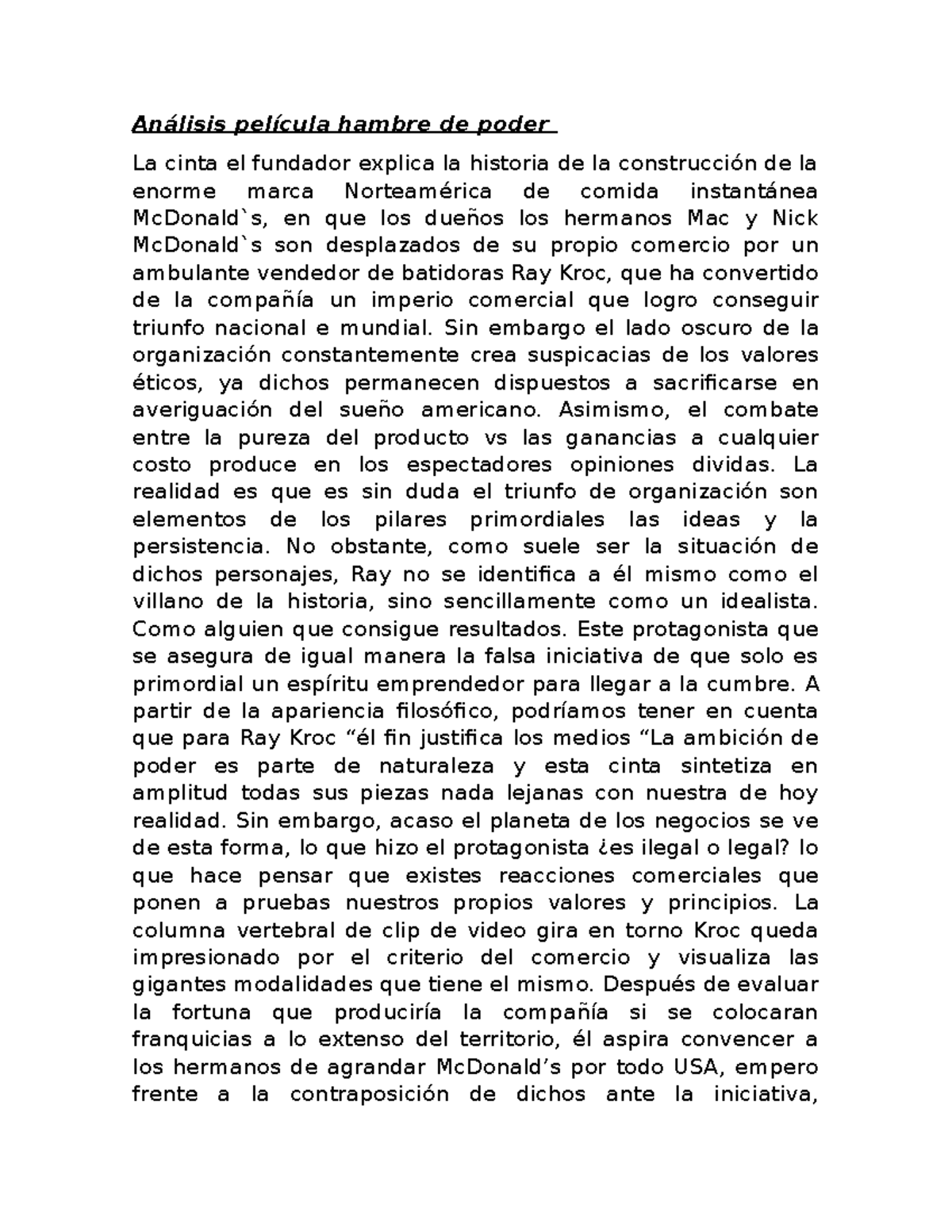 Análisis película hambre de poder - Análisis película hambre de poder ...