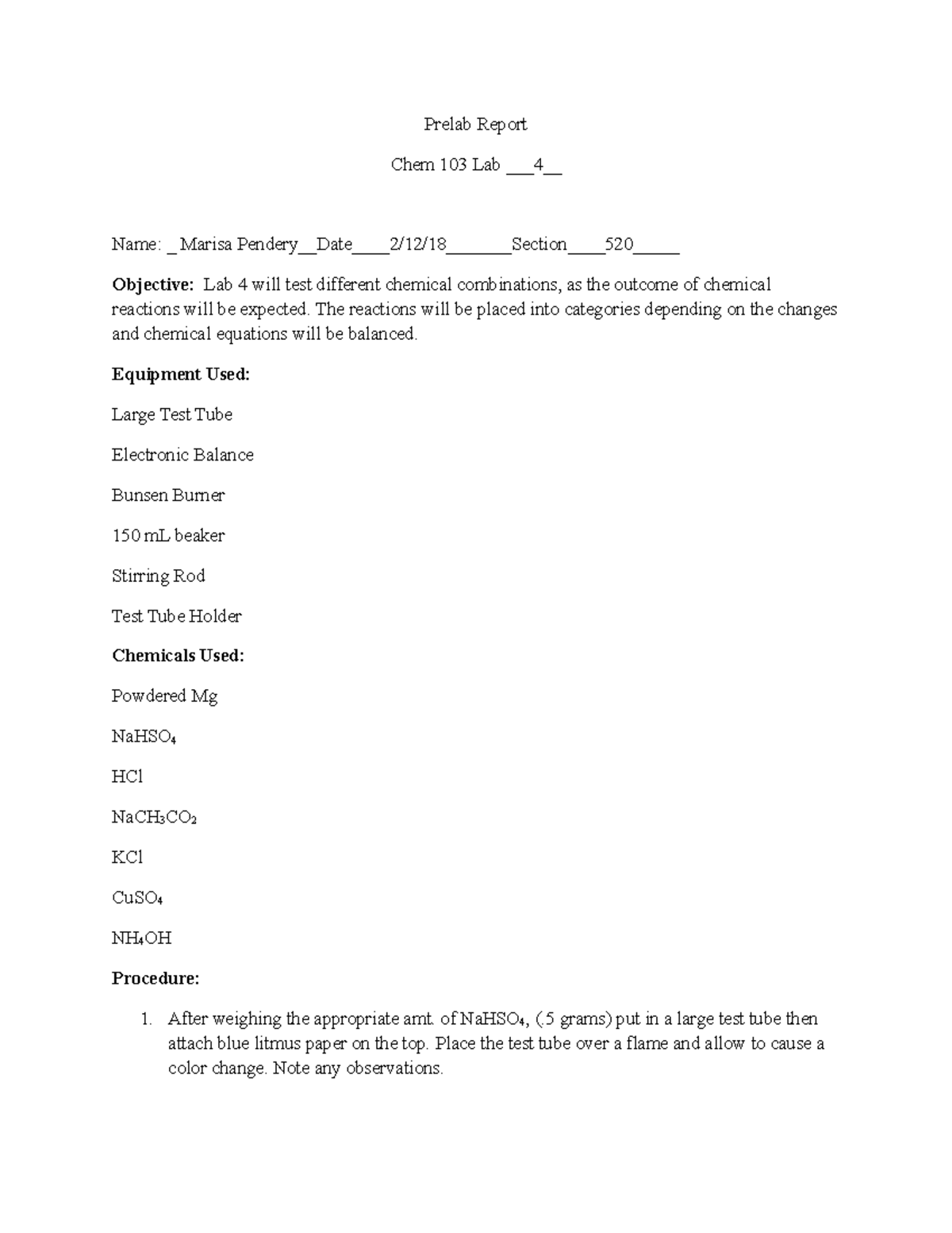 Prelab Report 4 - The reactions will be placed into categories ...