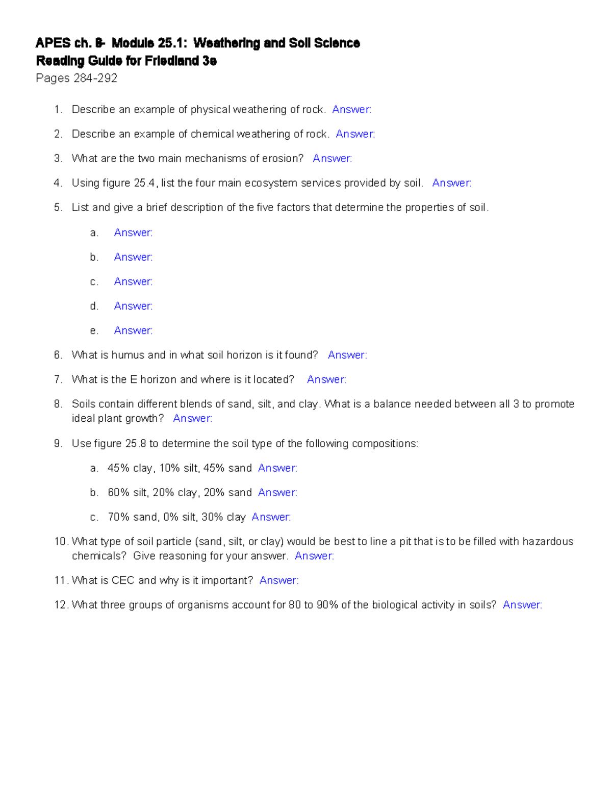 Module 25.1 Reading Guide - APES ch. 8- Module 25: Weathering and Soil ...