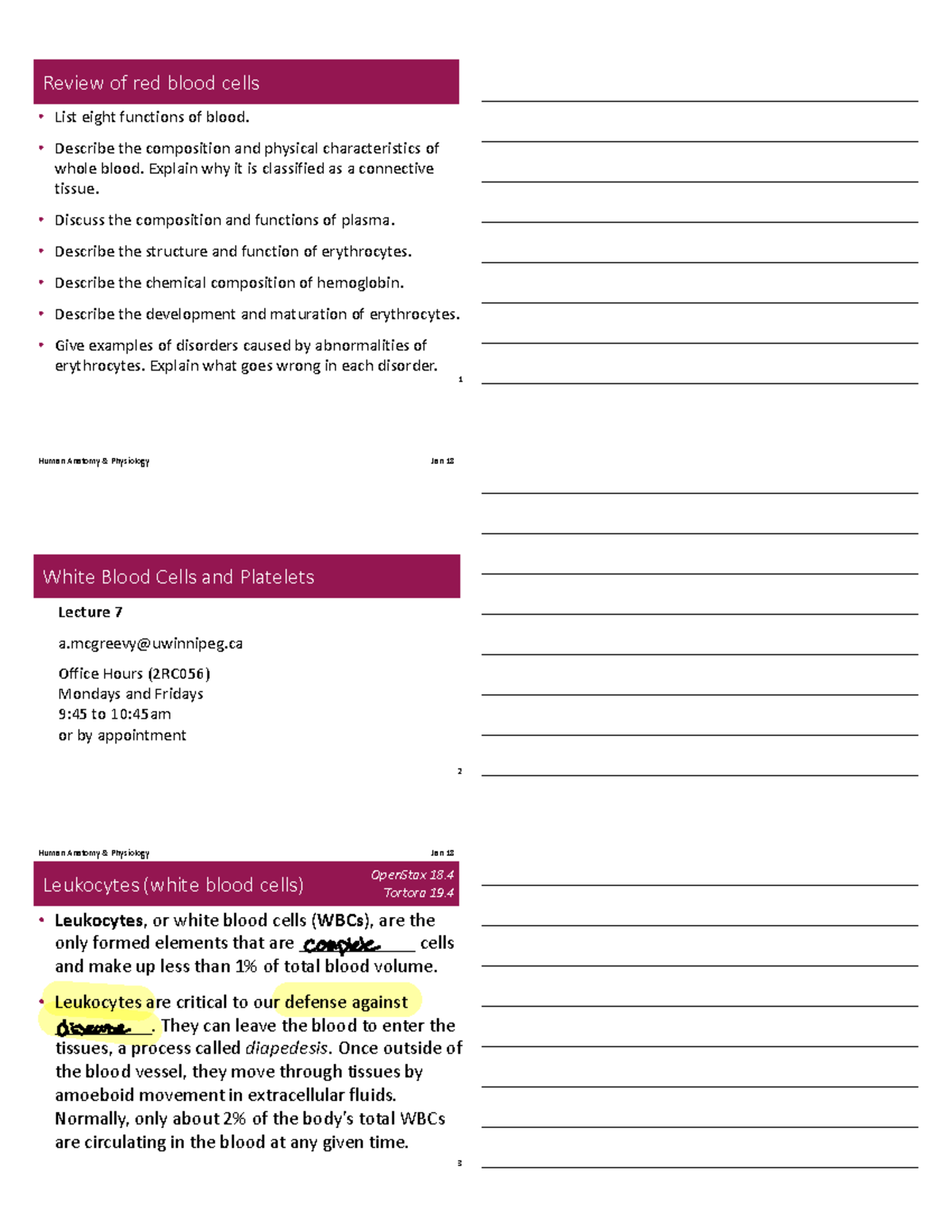 Lecture 7 - Jan 18 - White Blood Cells and Platelets - Notes - Review ...