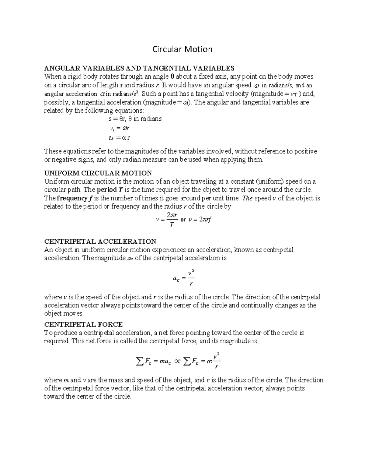 6. Circular Motion - Circular Motion ANGULAR VARIABLES AND TANGENTIAL VARIABLES When a rigid ...