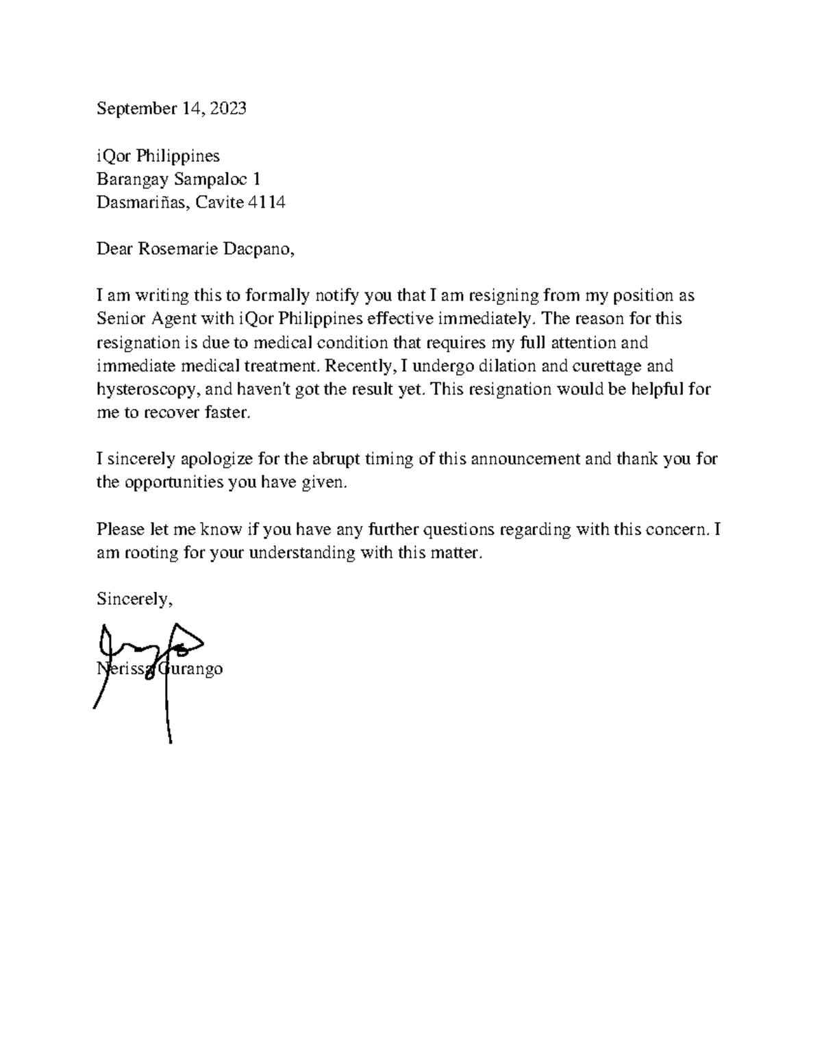 Resignation Letter - NA na - September 14, 2023 iQor Philippines ...