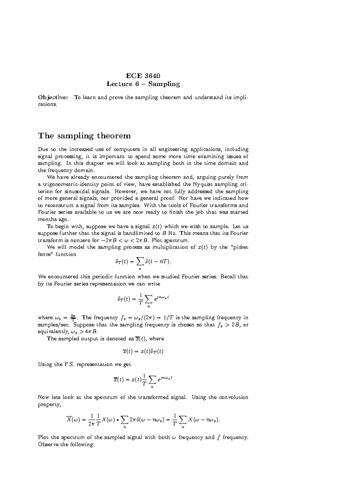 Lecture 6 sampling - ECE 3640 Lecture 6 Sampling Objective: cations. To ...