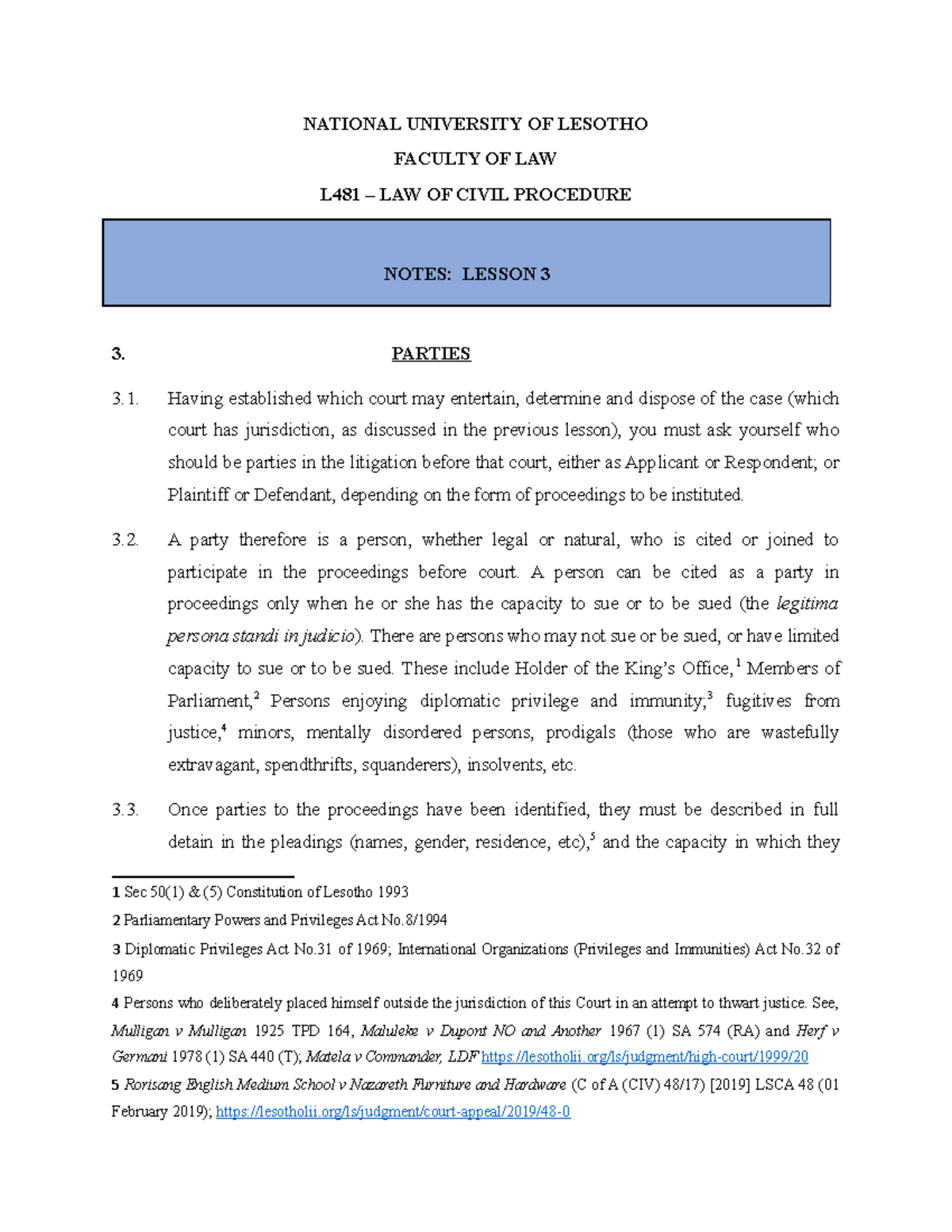 L481 Notes Lesson 3 - NATIONAL UNIVERSITY OF LESOTHO FACULTY OF LAW ...