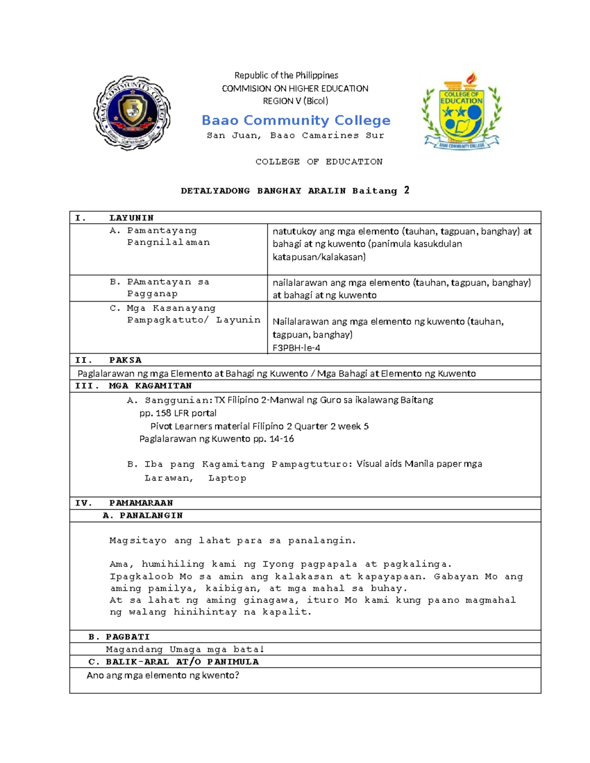 Filipino-Banghay-Aralin - Republic of the Philippines COMMISION ON ...