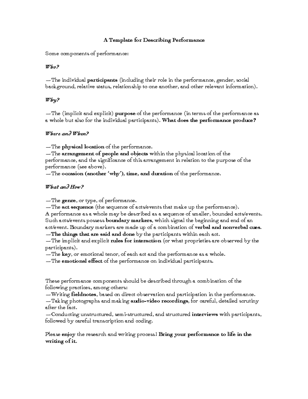 Describing Performance - A Template for Describing Performance Some ...