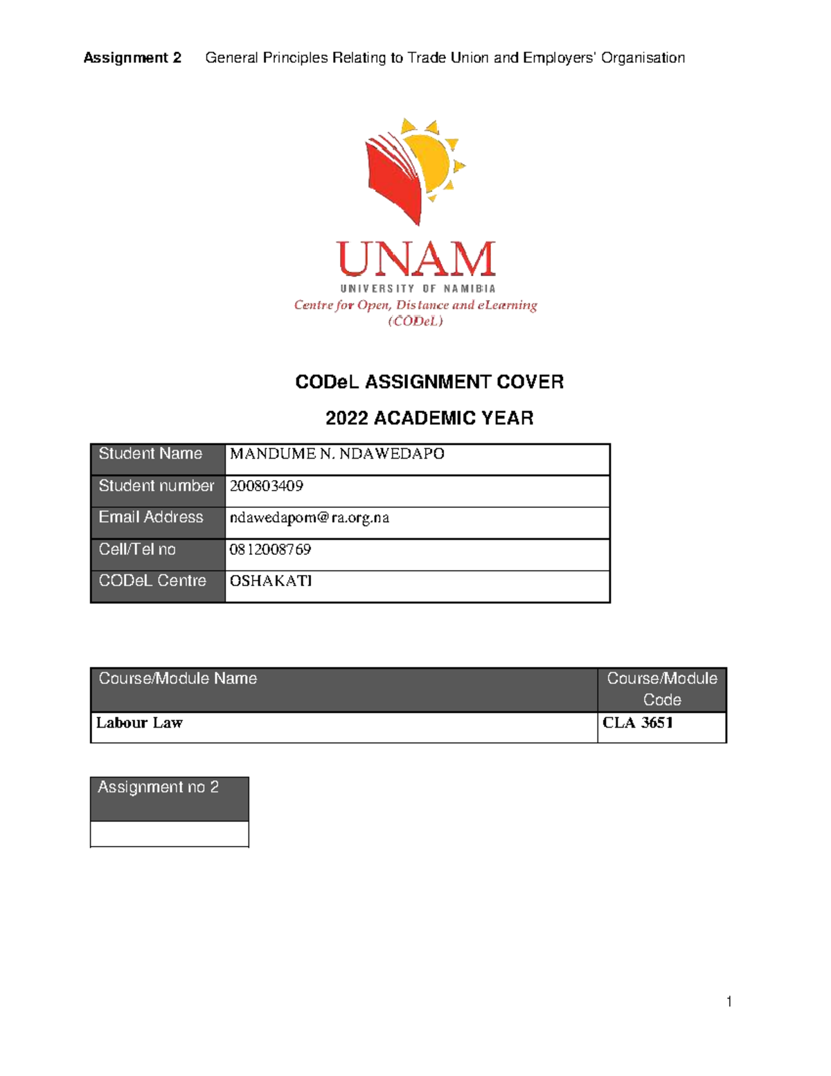 Assignment 2 Labour Law - CODeL ASSIGNMENT COVER 2022 ACADEMIC YEAR ...