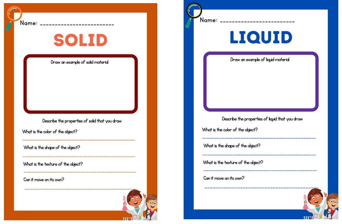 Matter Activity Sheet - Name: Name: SOLID LIQUID Draw an example of ...
