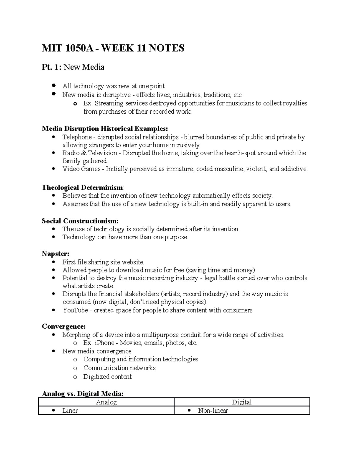 MIT 1050A - Week 11 Notes - MIT 1050A - WEEK 11 NOTES Pt. 1: New Media ...