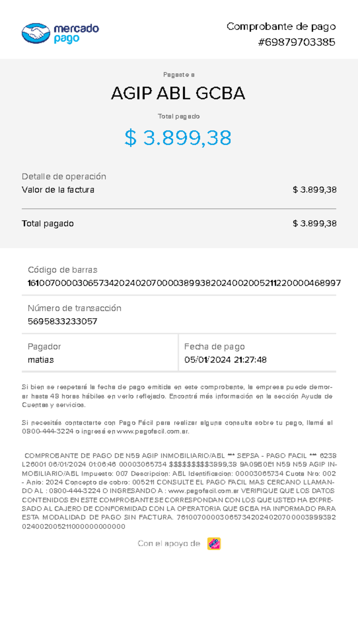 parcial 20 de la materia - Comprobante de pago Pagaste a AGIP ABL GCBA ...