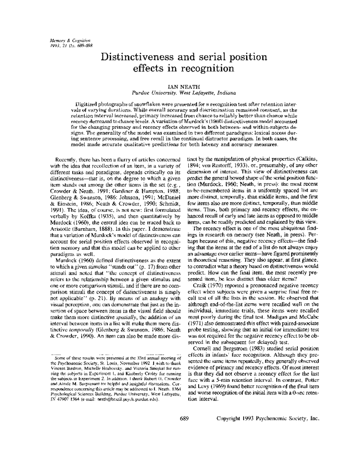 Neath 1993 - artikelen - Memory & Cognition 1993, 21(5), 689- Distinctiveness and serial - Studocu
