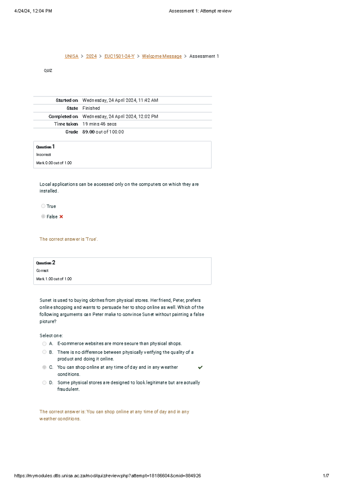 Assessment 1 Attempt review - UNISA 2024 EUC1501-24-Y Welcome Message ...
