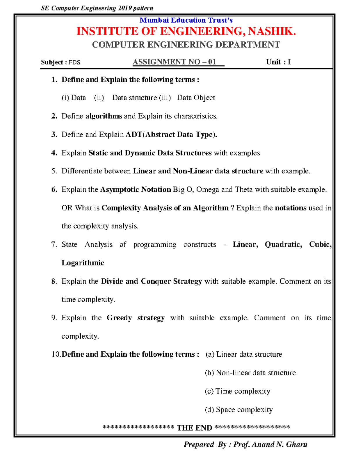 Fds assignment no 01 2023 - SE Computer Engineering 2019 pattern ...