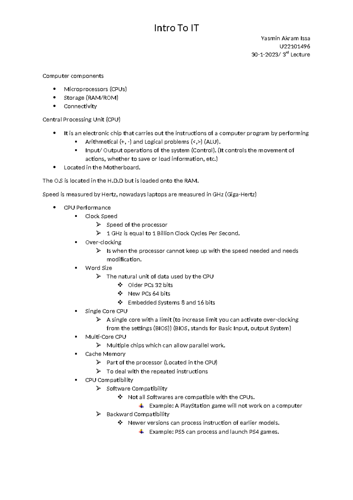 Intro to IT Third Lecture Notes - Intro To IT Yasmin Akram Issa U 30-1 ...