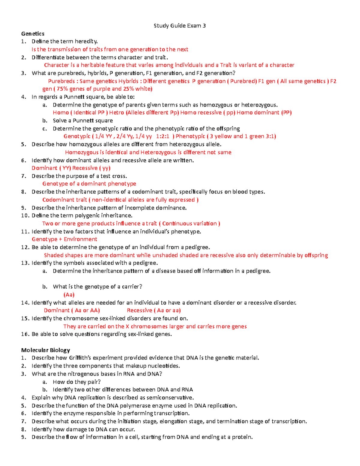 Study Guide Exam 3 Spring 2021 - Study Guide Exam 3 Genetics Define the ...