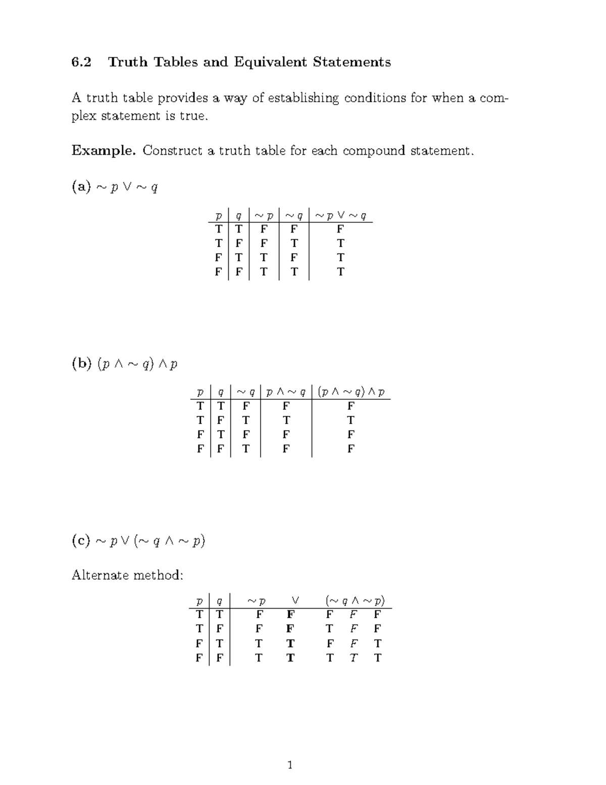 6.2 Truth Tables - n/a - 6 Truth Tables and Equivalent Statements A ...
