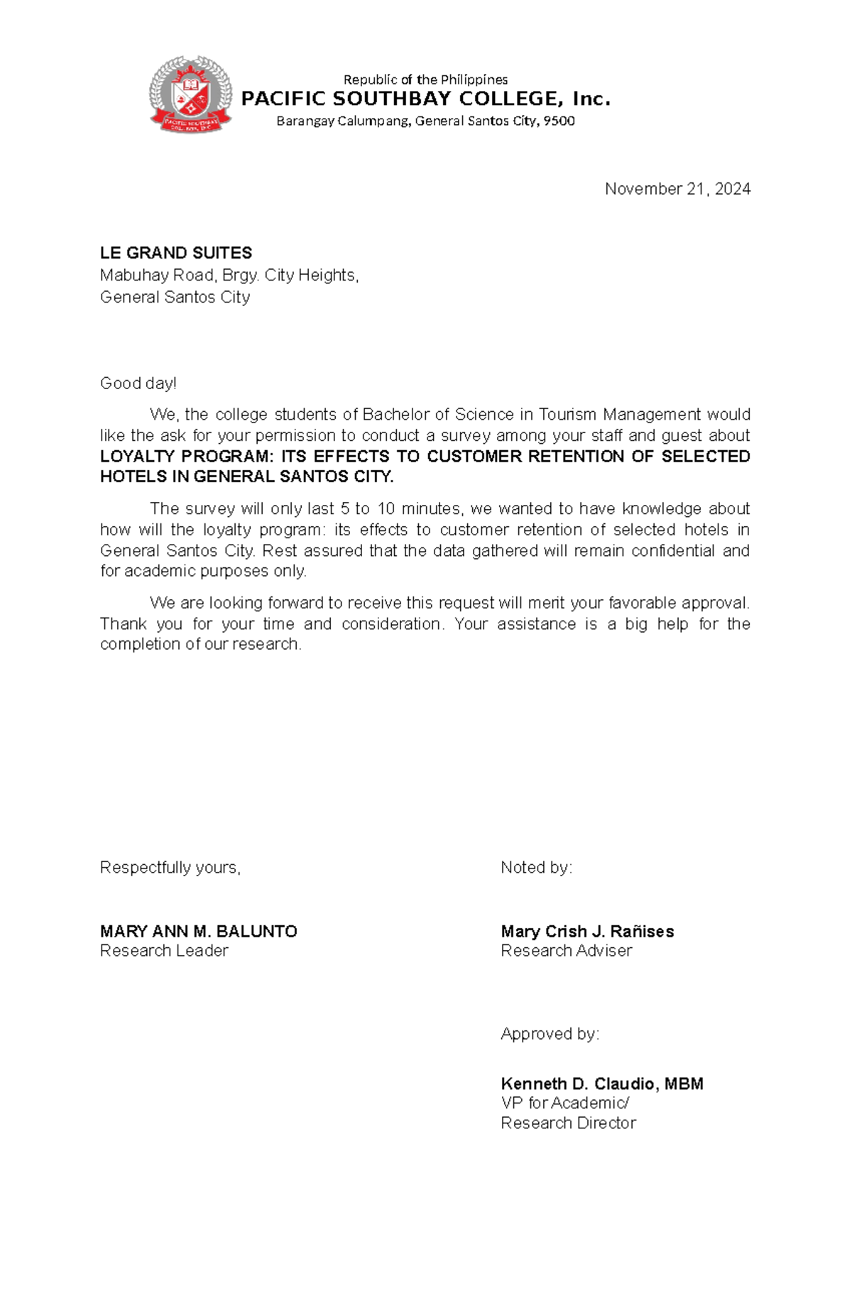 Respondent Letter - PACIFIC SOUTHBAY COLLEGE, Inc. Barangay Calumpang ...