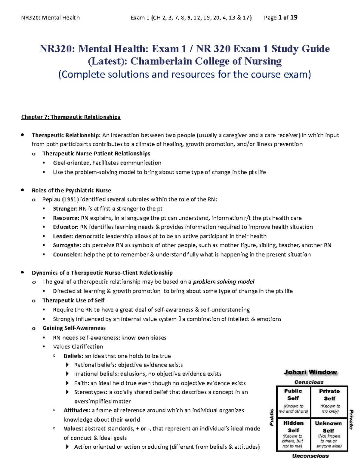 NR 320 - Exam 1 Study Guide, NR320 Mental Health - NR320: Mental Health: Exam 1 / NR 320 Exam 1 ...