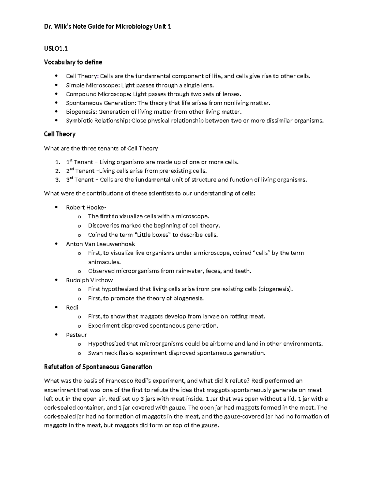 Wilkerson Microbiology Unit 1 Note Guide Complete - USLO1. Vocabulary ...