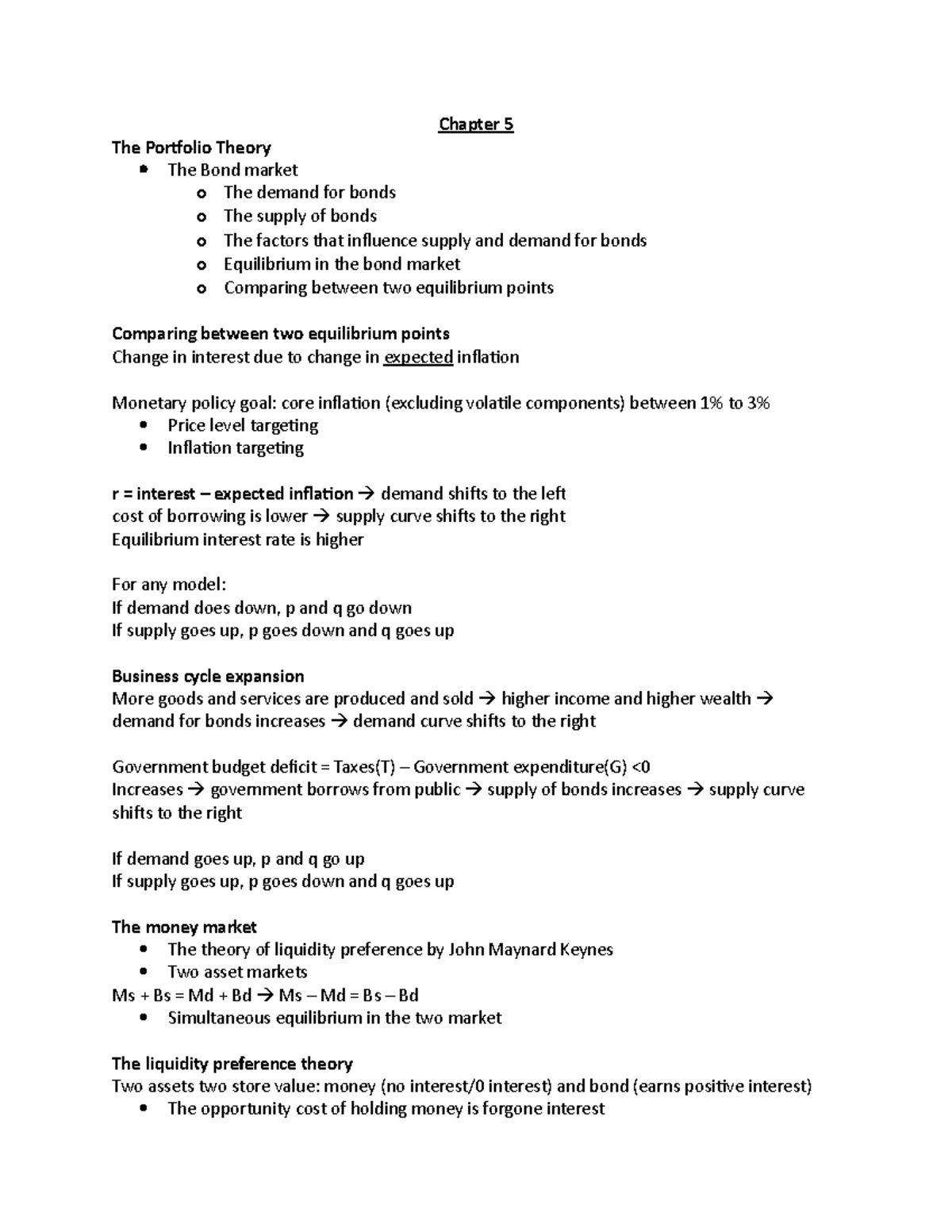 Chapter 5 Lecture Notes Chapter 5 The Portfolio Theory The Bond Market O The Demand For