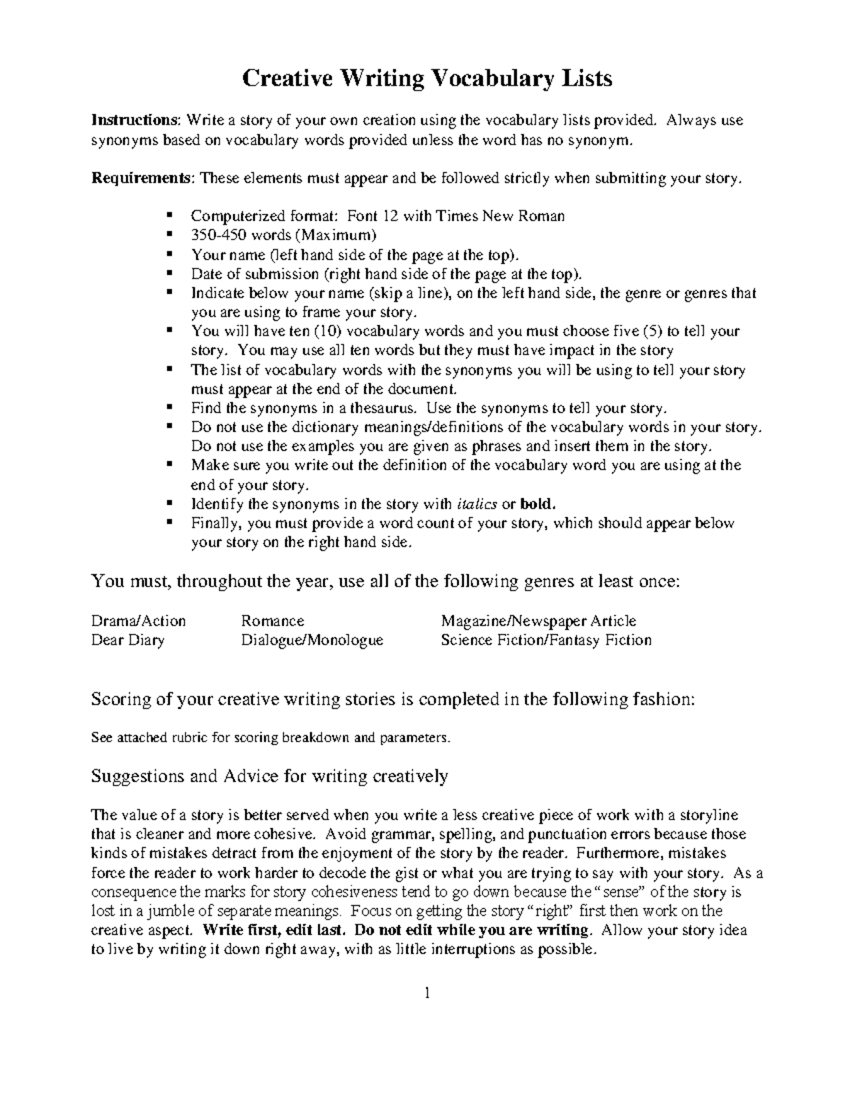 100 Vocabulary list - Creative Writing Vocabulary Lists Instructions ...