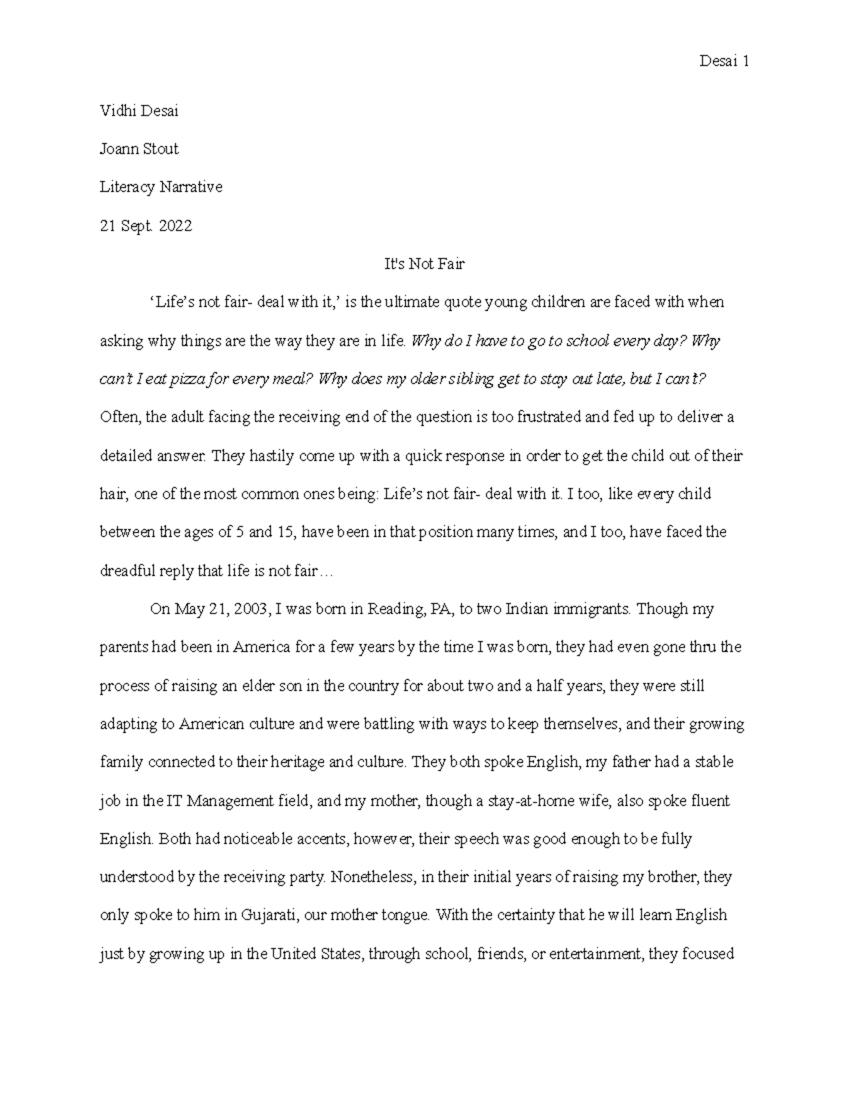 Literacy Narrative Final Draft - Vidhi Desai Joann Stout Literacy ...
