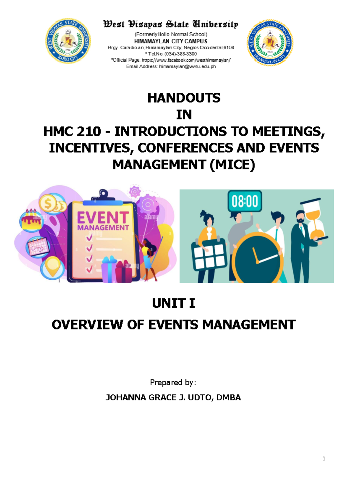 01 Overview of Events Management - HANDOUTS IN HMC 210 - INTRODUCTIONS ...