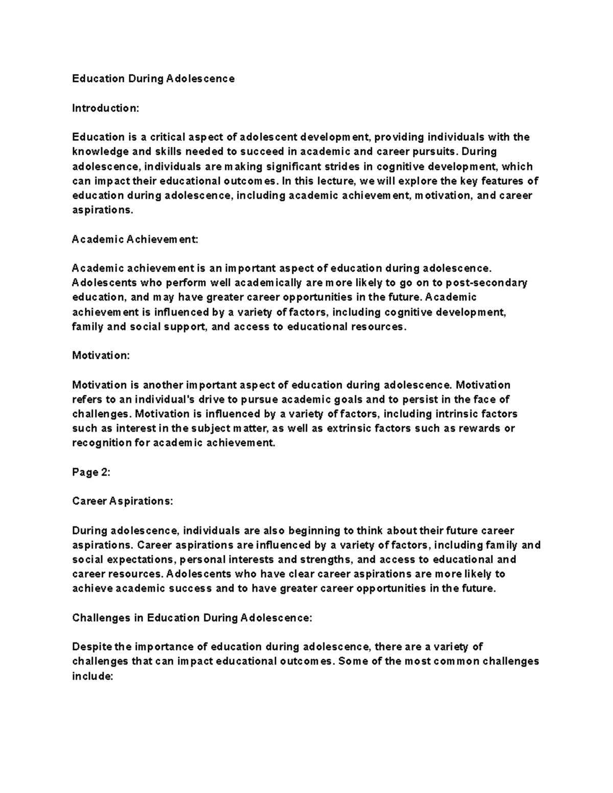 Education During Adolescence - Education During Adolescence ...