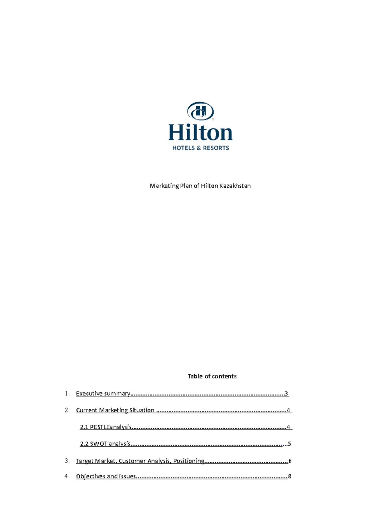 Exercise Hilton Marketing Plan - Marketing Plan of Hilton Kazakhstan ...