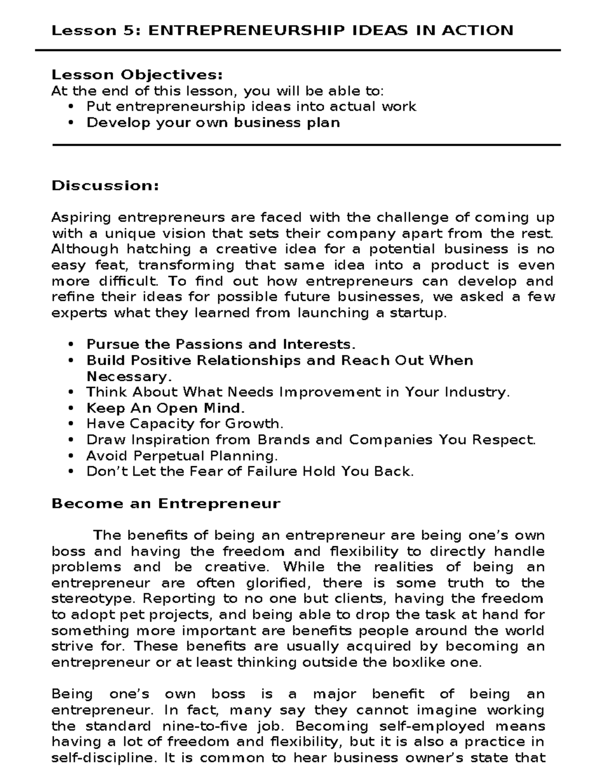 Module-5 - Entrep - Lesson 5: ENTREPRENEURSHIP IDEAS IN ACTION Lesson ...