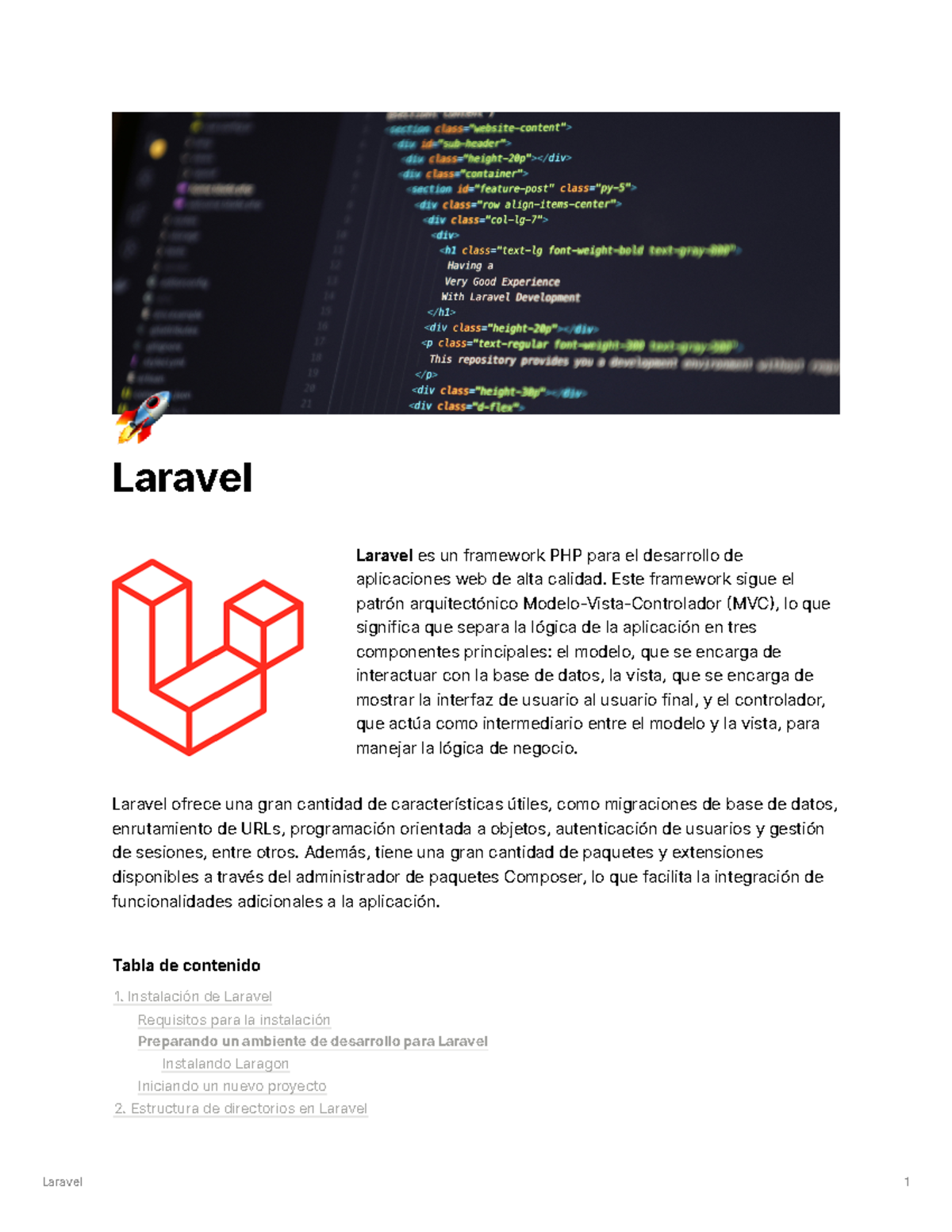 Laravel (MVC) - informe - 🚀 Laravel Laravel es un framework PHP para el desarrollo de ...