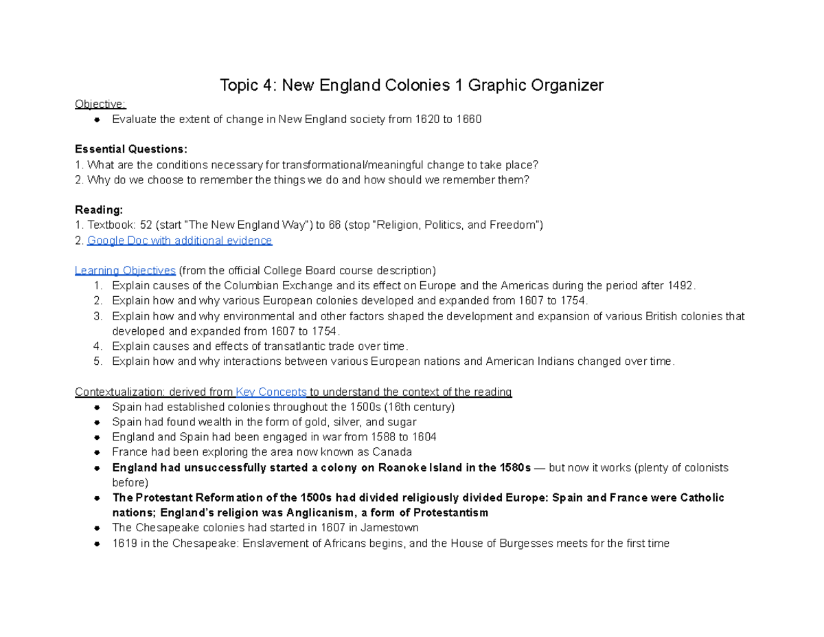 4 New England Colonies 1 Graphic Organizer 2023 - Topic 4: New England ...