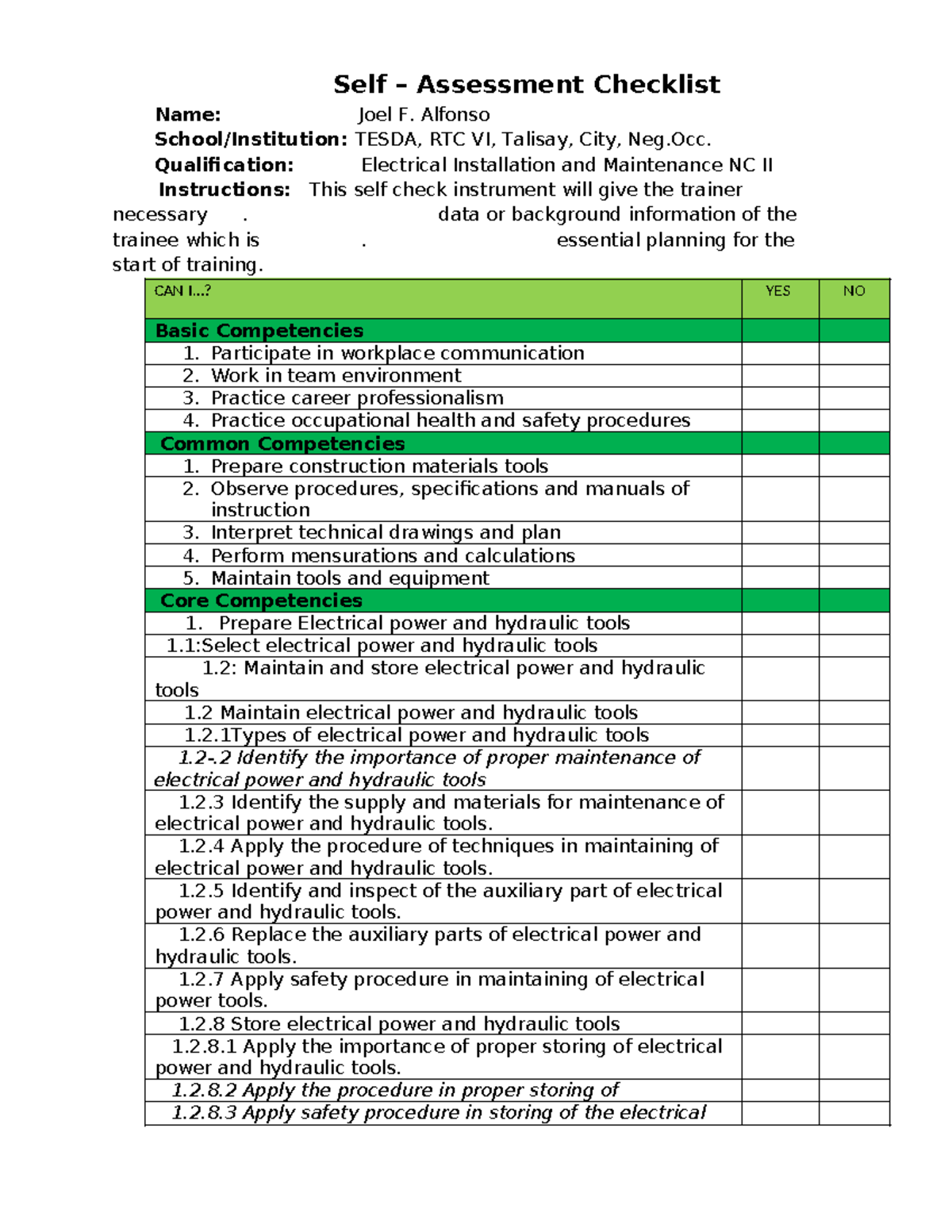 Self-assessment check - Self – Assessment Checklist Name: Joel F ...